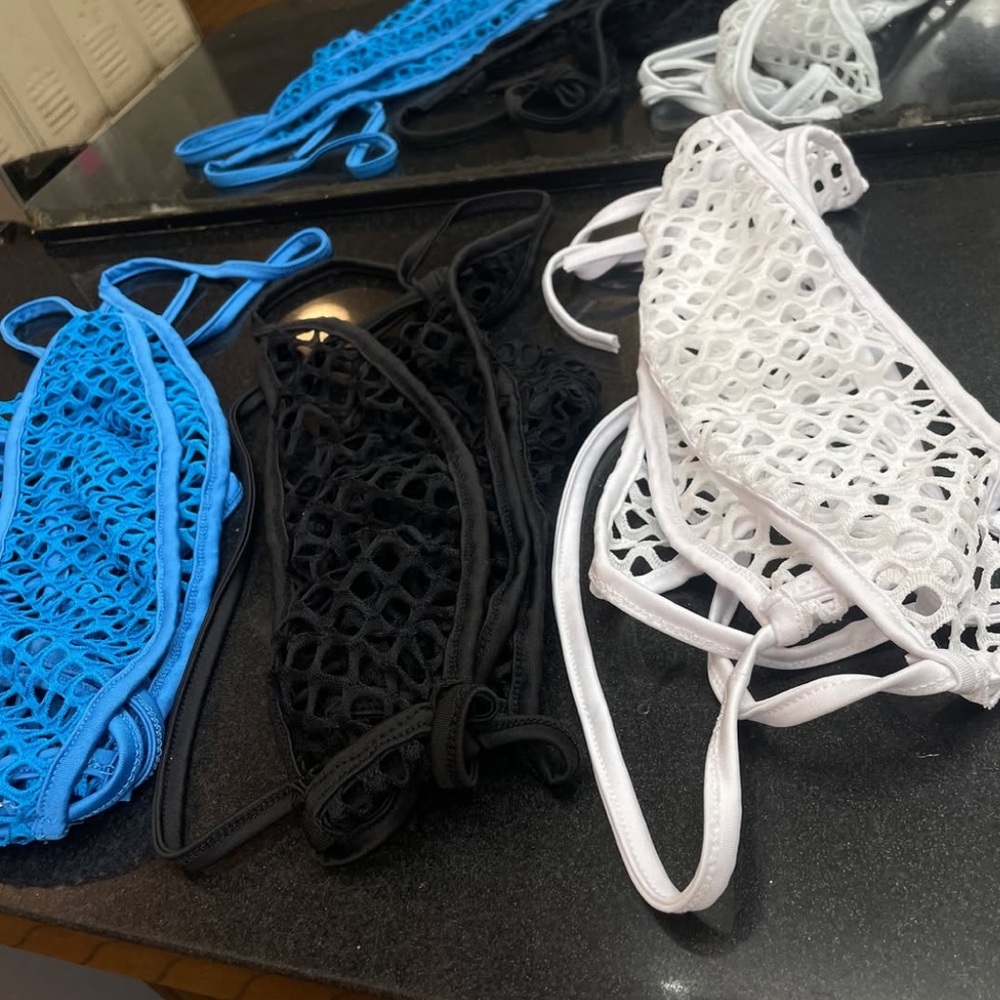 Blue, Black, And White Mesh Slingshot Bikinis - Gem